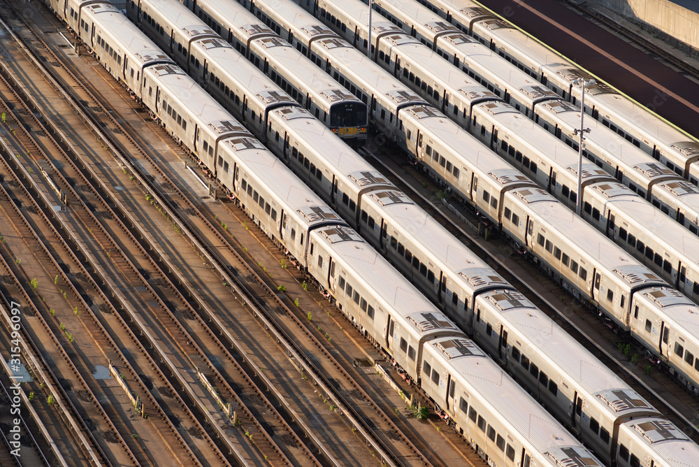Commuter trains and locomotives stored on the tracks of the West Side ...