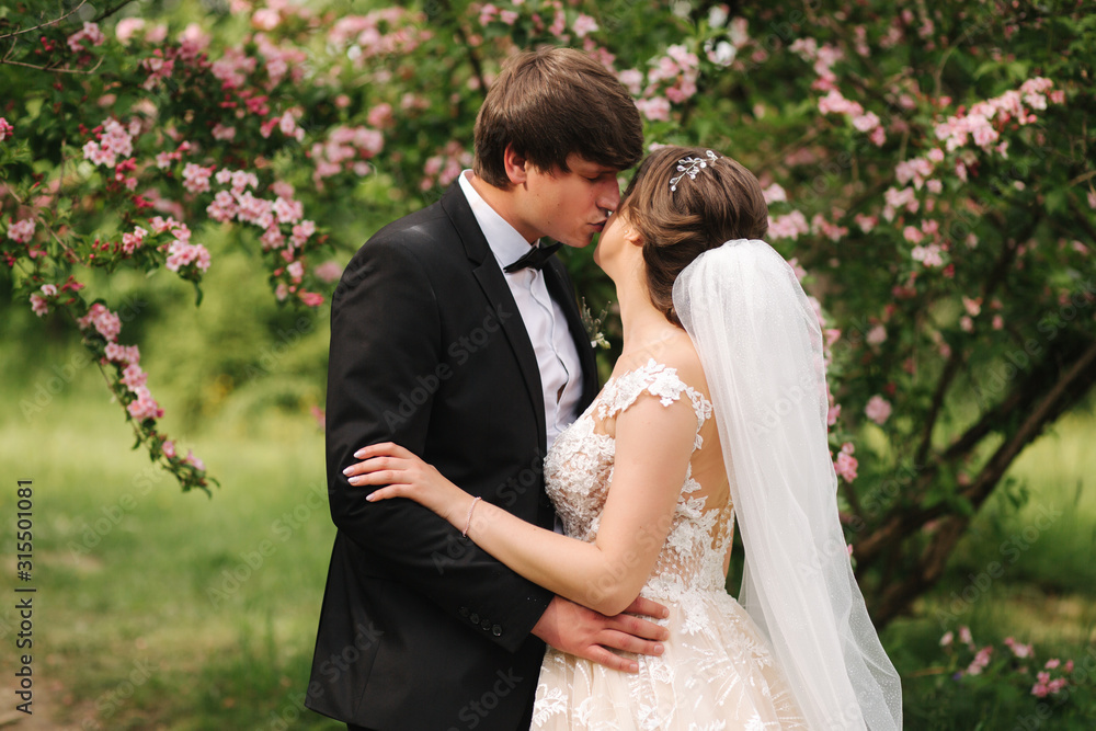 Handsome groom hug his beautiful bride. Newlyweds walking in the park ...