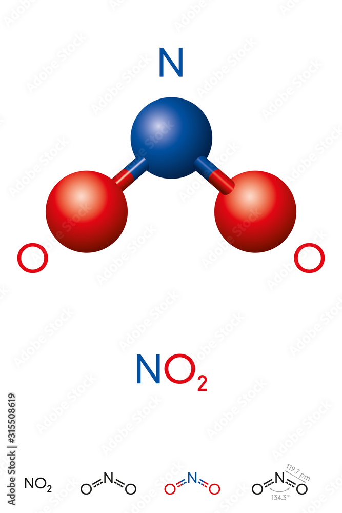 Obraz Nitrogen dioxide, NO2, molecule model and chemical formula ... Obraz Nitrogen dioxide, NO2, molecule model and chemical formula ...