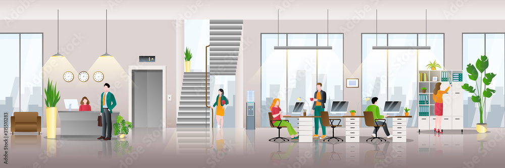 Modern business center interior background. People at work in office ...