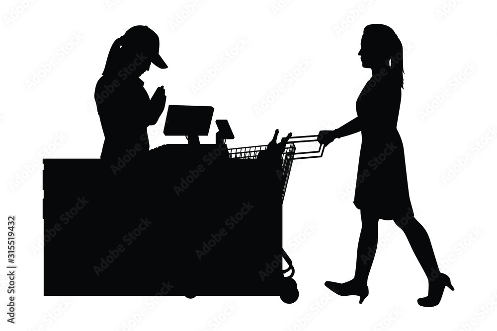 Customer and cashier in supermarket silhouette vector, Supermarket ...