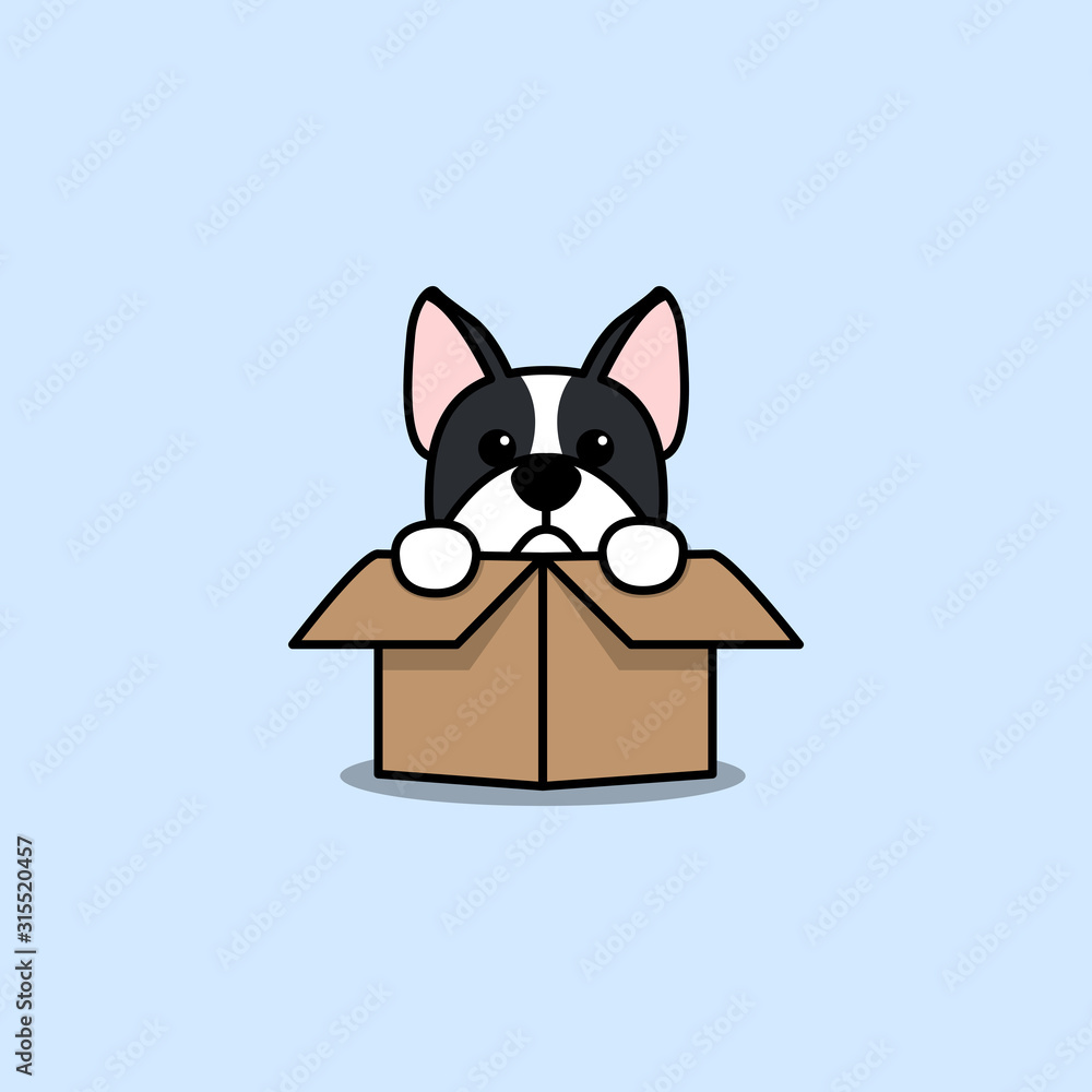 Cute boston terrier dog in the box cartoon icon, vector illustration ...