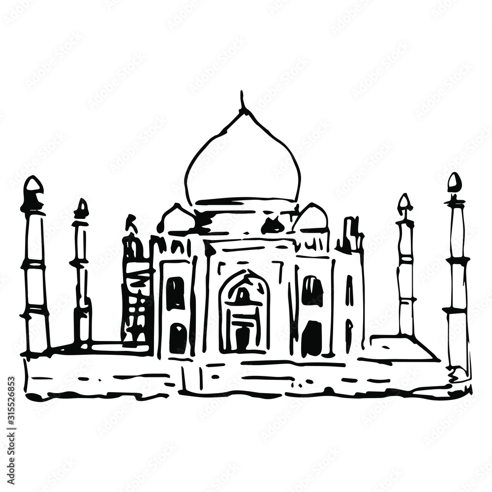Isolated vector illustration. Taj Mahal. Indian Mogul mausoleum. Hand ...