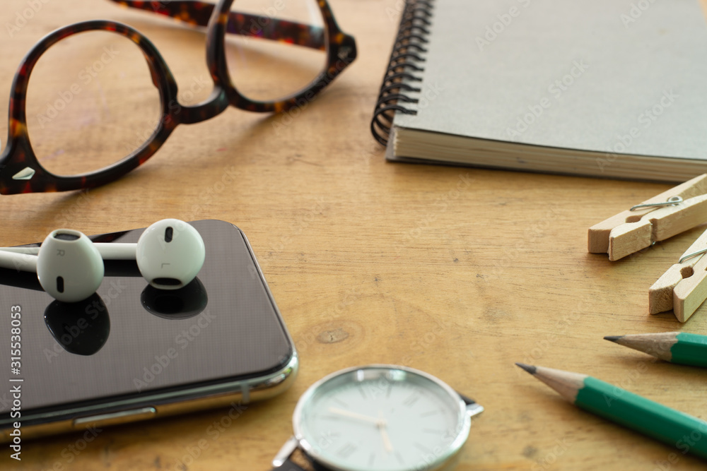 flat lay mockup image.office equipment on desk table.blank background ...