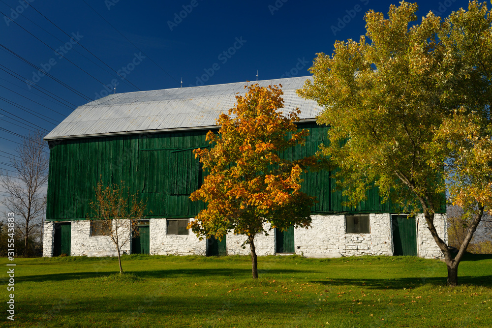 Working barn in the Fall near Toronto with green paint and grass with ...