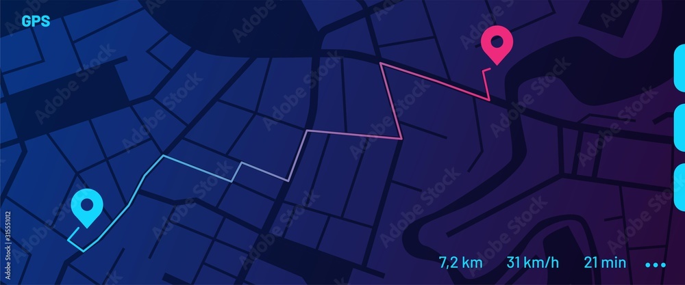Futuristic route dashboard GPS tracking map. UI design concept. Dark ...