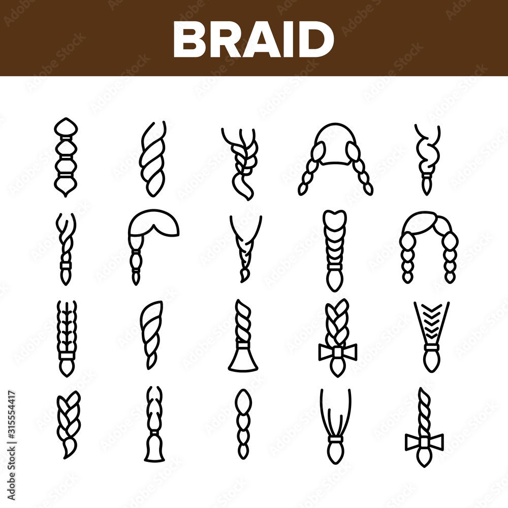 Braid Bread Hairstyles Collection Icons Set Vector Thin Line. Long ...