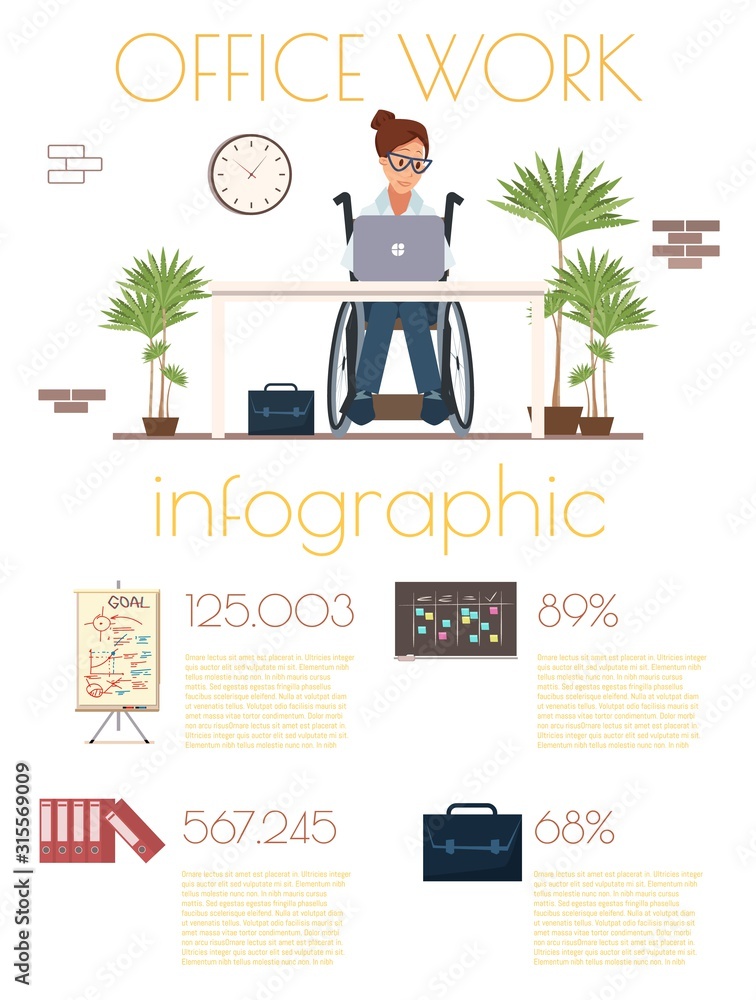 Disabled Employee Office Work Trendy Flat Vector Infographics Banner or ...