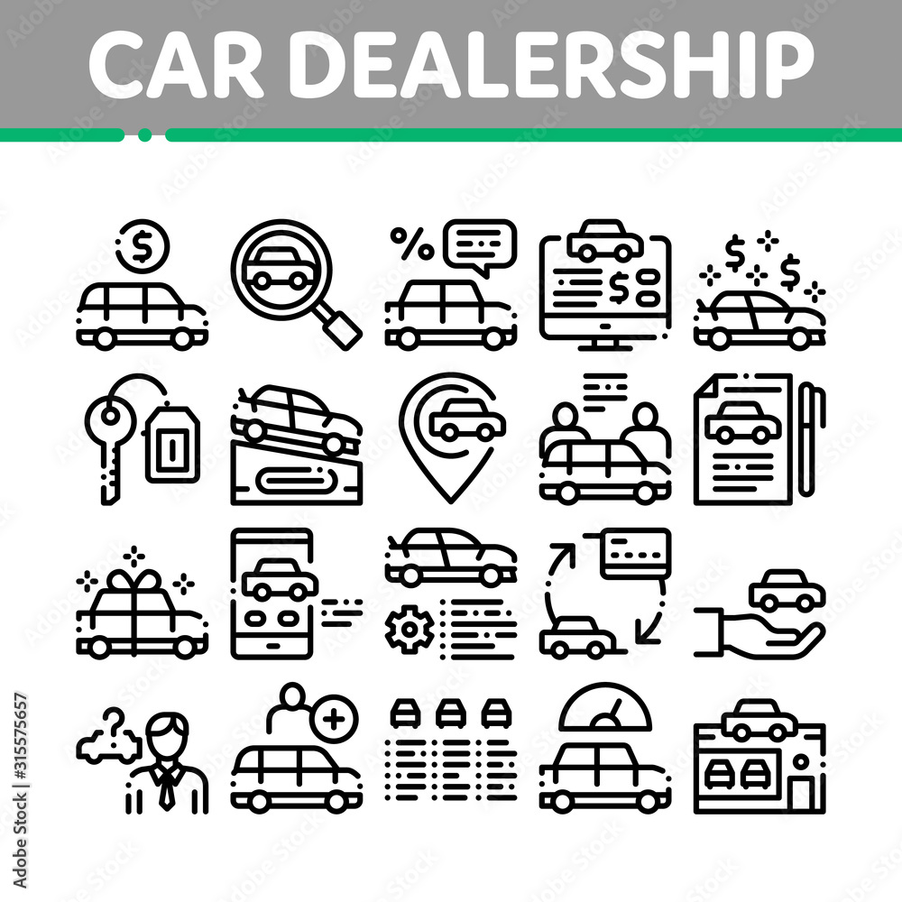 Car Dealership Shop Collection Icons Set Vector Thin Line. Car ...