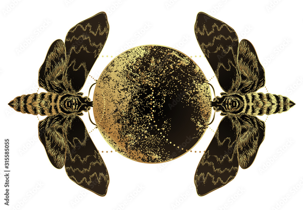 Golden moth over sacred geometry sign, isolated vector illustration ...