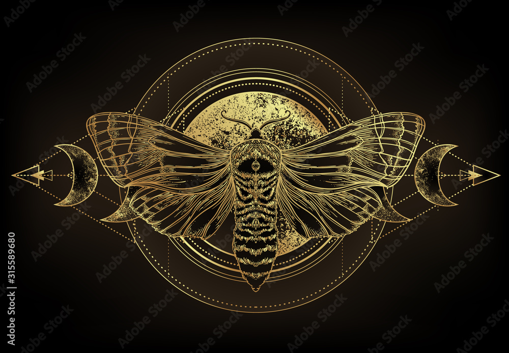 Golden moth over sacred geometry sign, isolated vector illustration ...