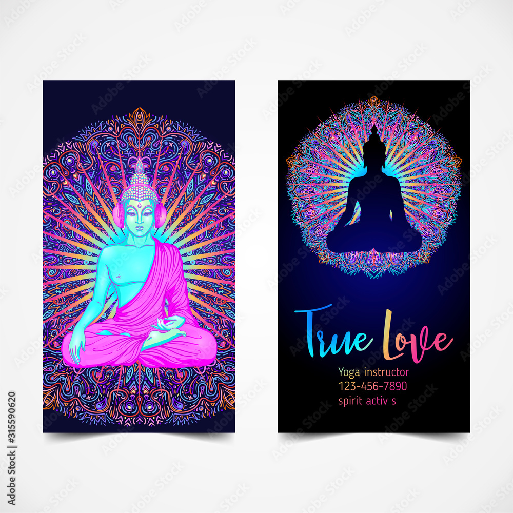 Yoga card, flyer, poster, mat design. Colorful neon template for ...