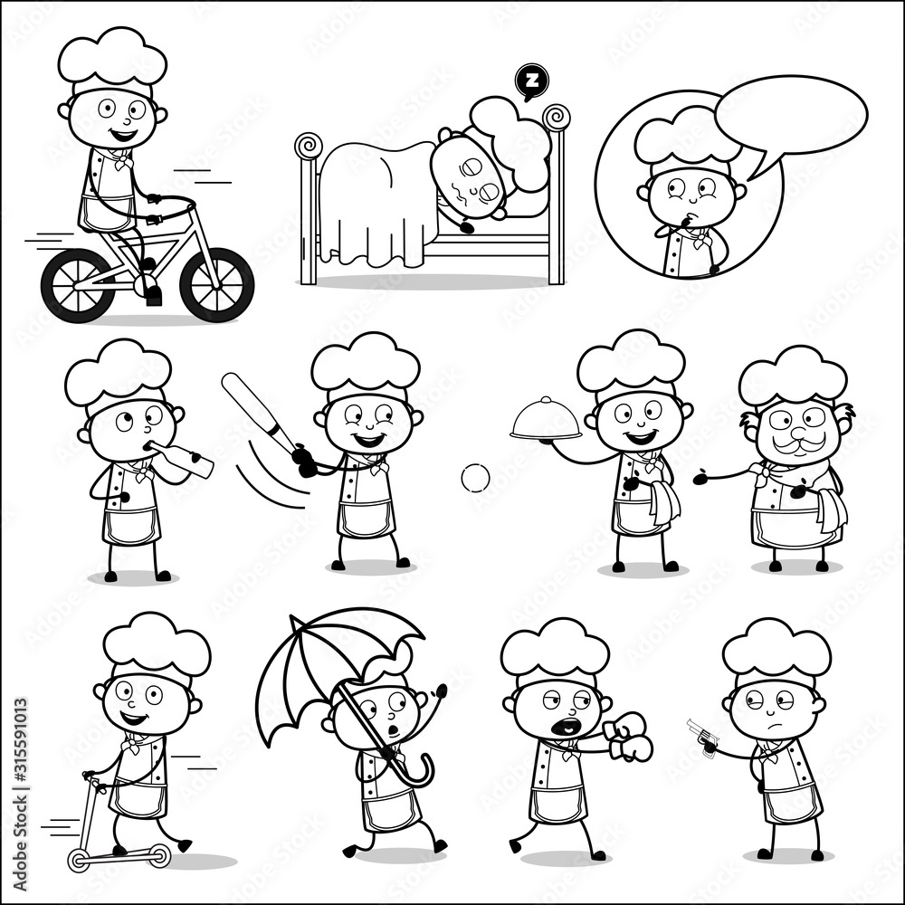 Drawing Art of Comic Chef - Set of Concepts Vector illustrations Stock ...