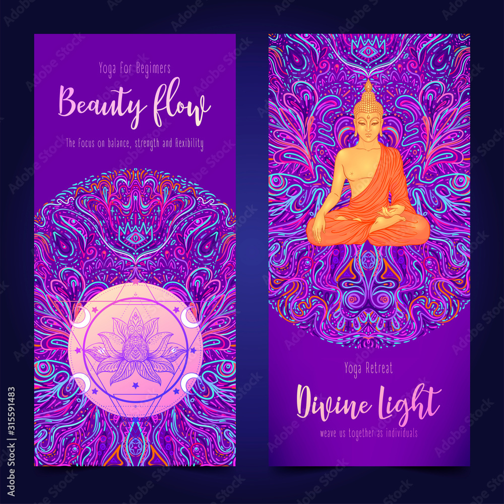 Yoga card, flyer, poster, mat design. Colorful neon template for ...