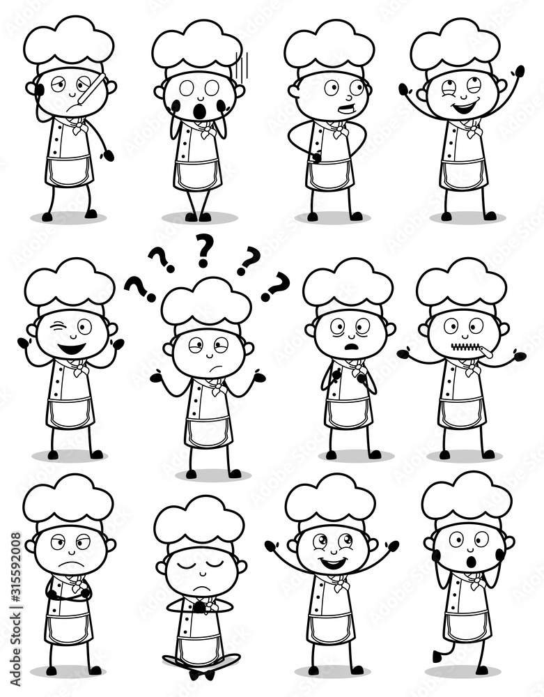 Retro Drawing Art of Cartoon Chef - Set of Concepts Vector ...
