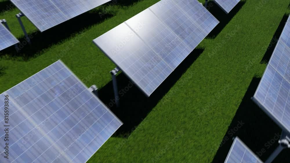 3d with blue sun panels on light background. Industry design. Clean ...