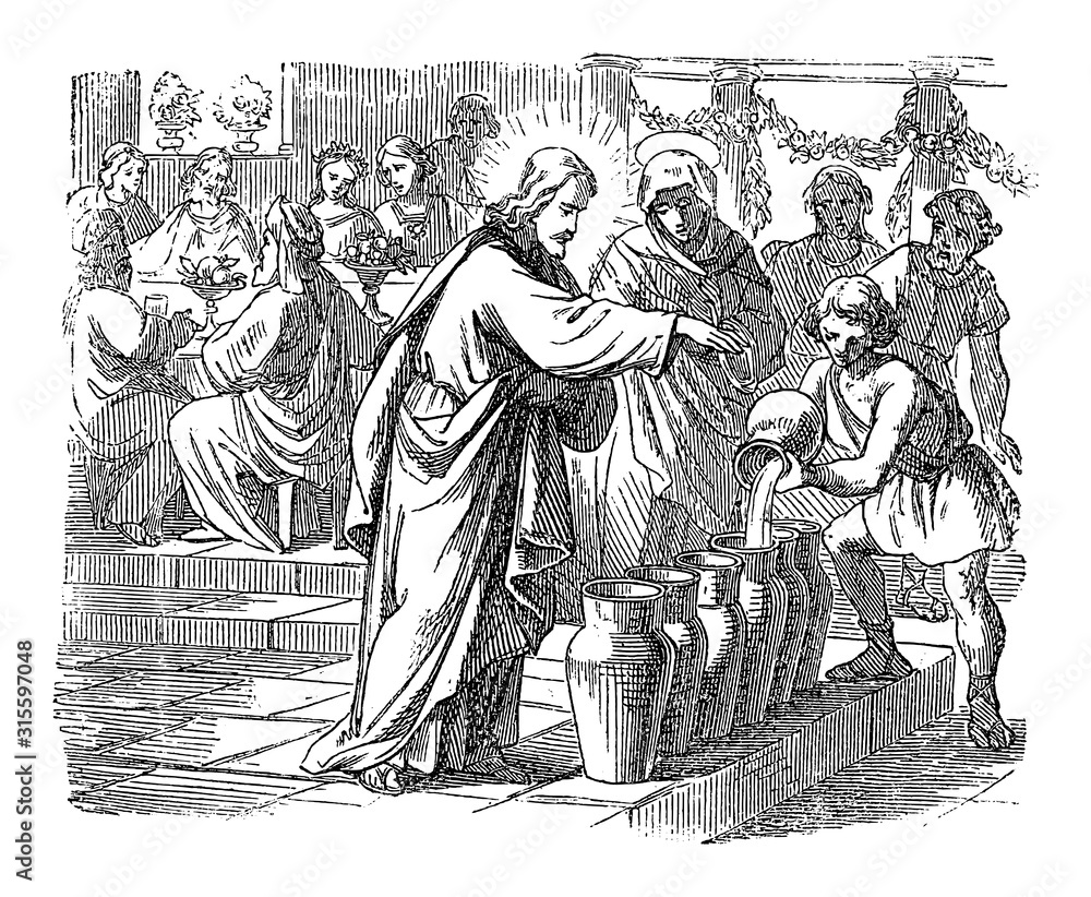 Vintage drawing or engraving of biblical story of Jesus changes water ...