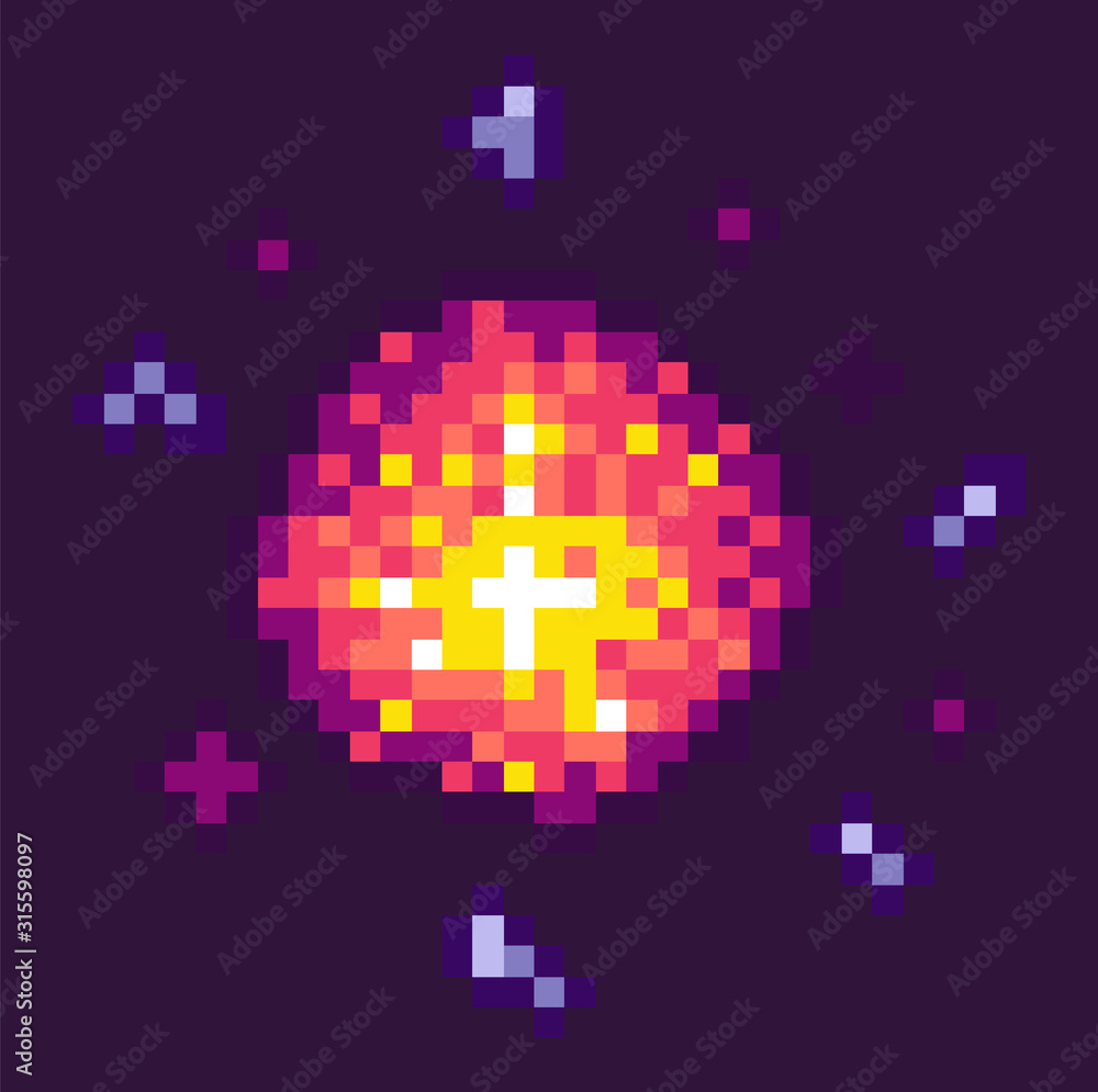 Equipment of pixel game. Powerful explosion on black background. 8 bit ...