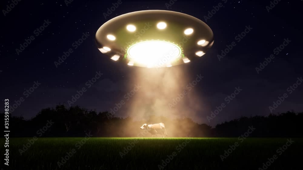 Ufo cow in retro style on light background. Country landscape. Alien ...