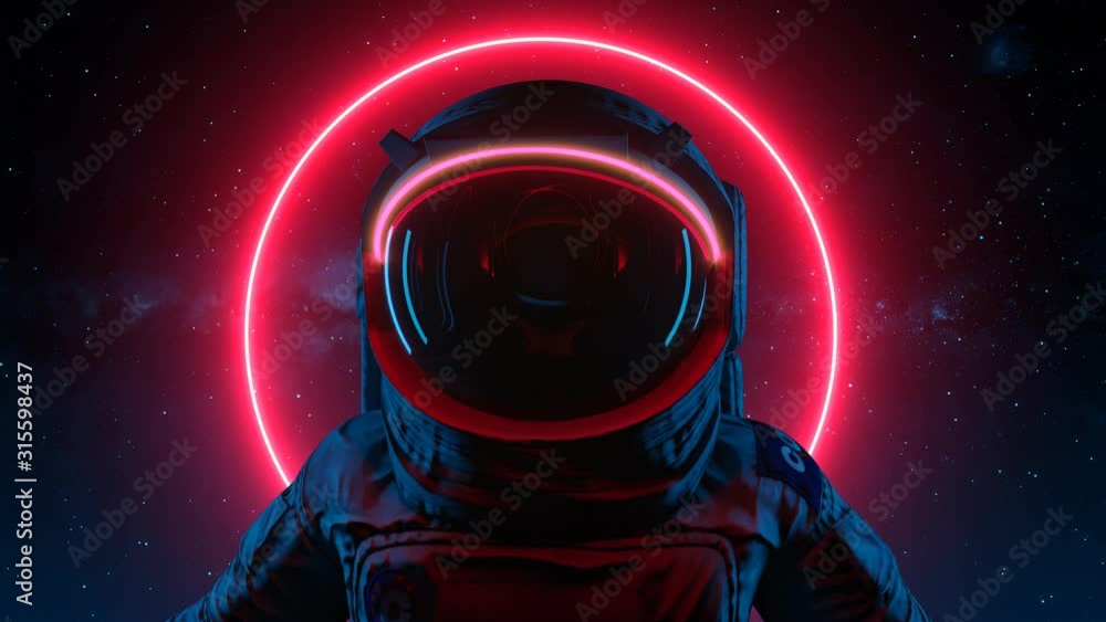 Astronaut In Search Of New Planets In Space. Neon Glowing Lights. Space ...