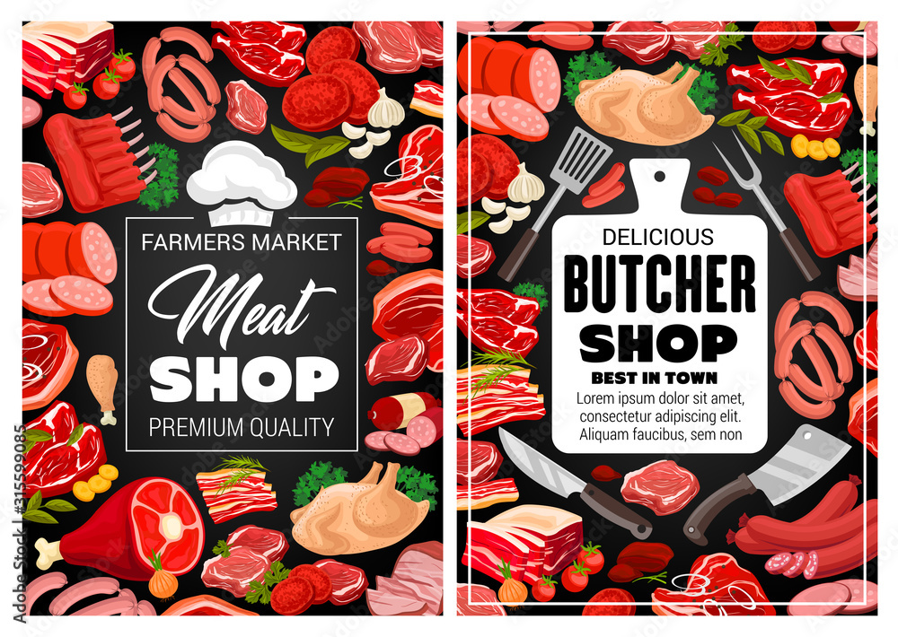 Meat pork and beef, butcher shop food and sausages poster. Vector farm ...
