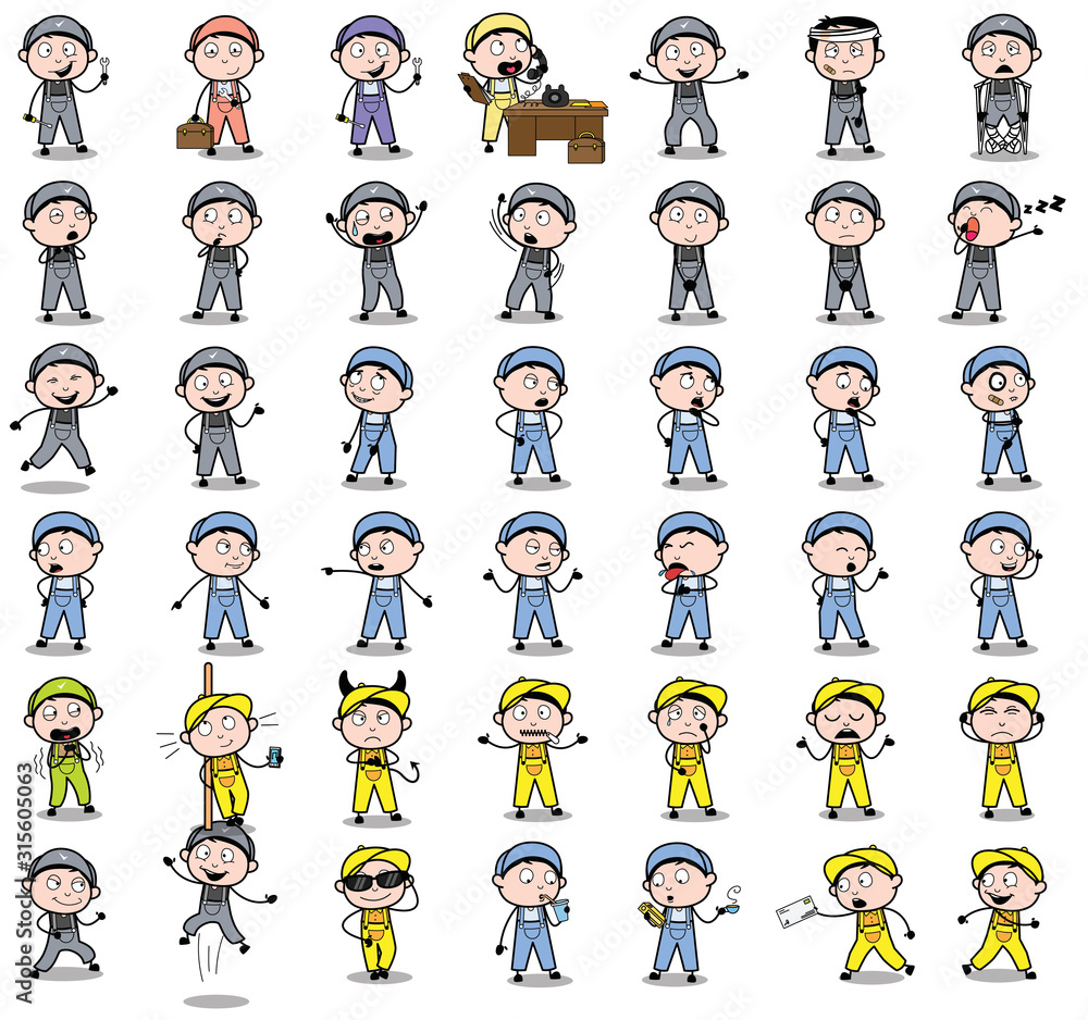 Cartoon Repairman Character Poses - Set of Concepts Vector ...