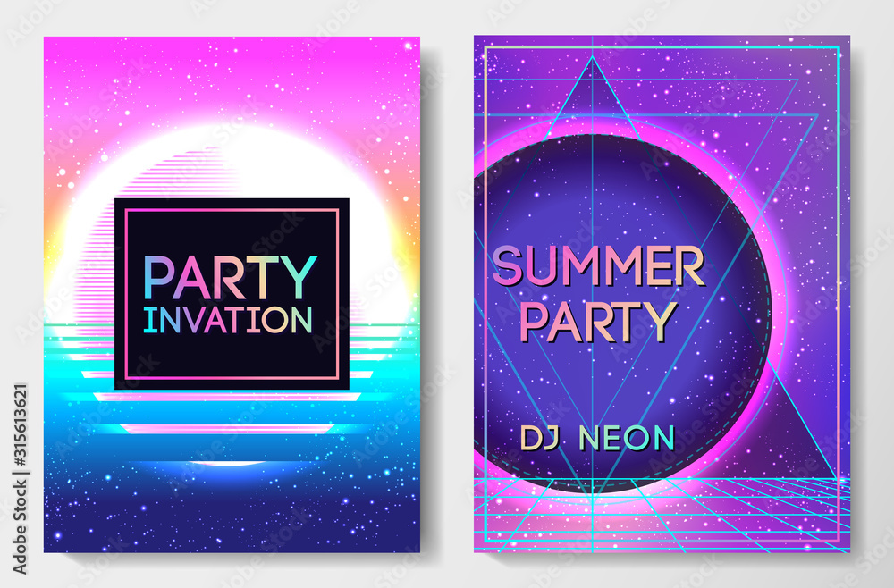 Retro Futurism flyer set. Vector futuristic synth wave illustration ...