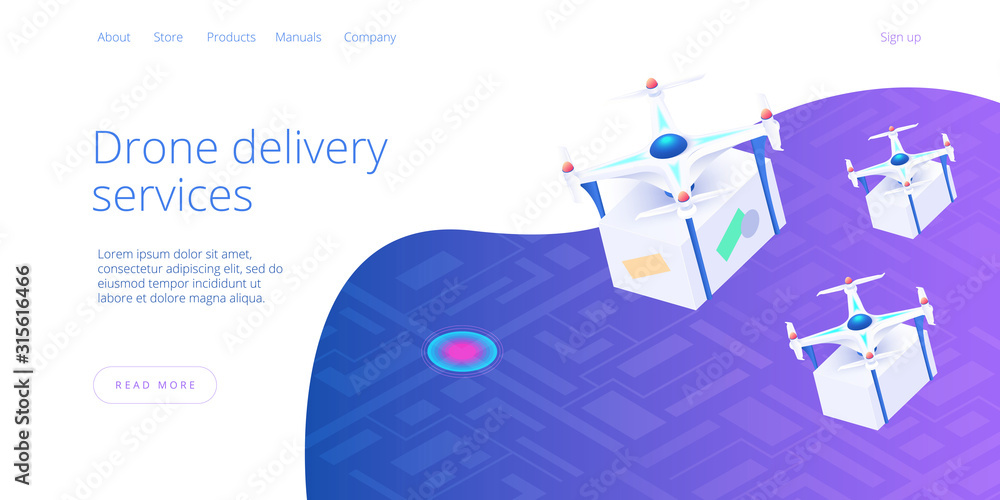 Drone delivery service concept in isometric vector illustration. Camera ...
