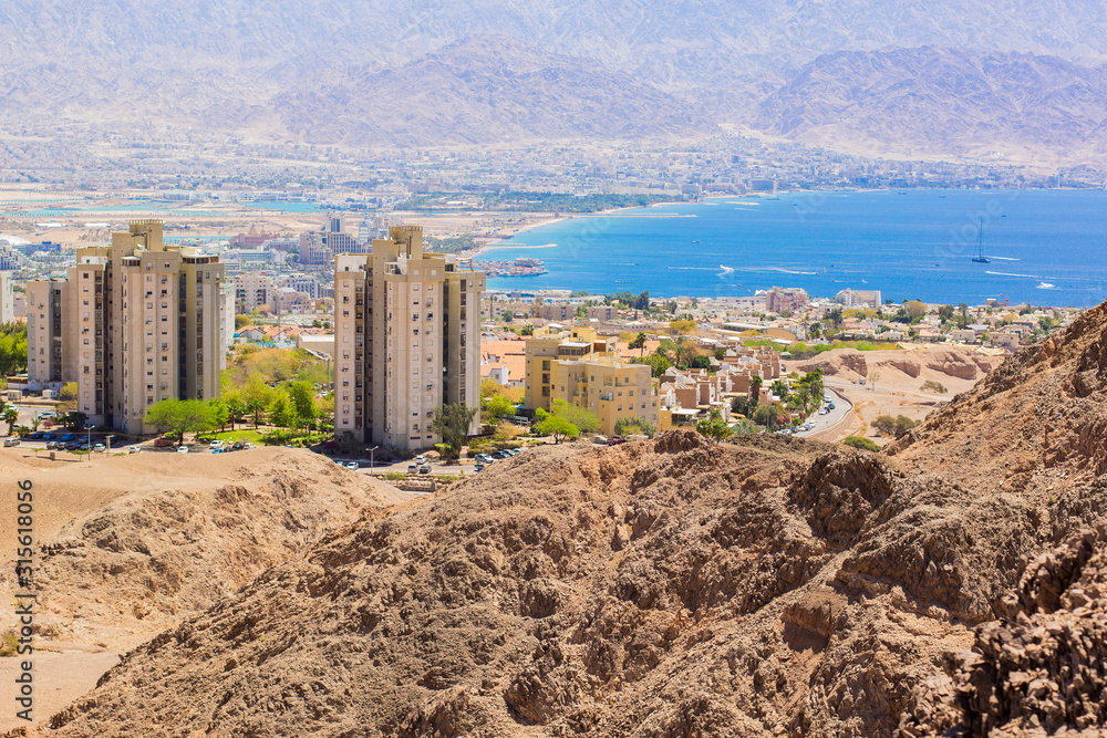 the most south Israeli city Eilat Red sea bay Gulf of Aqaba beautiful ...