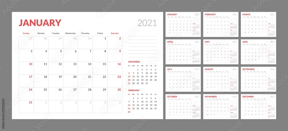 Wall calendar for 2021 year in clean minimal style. Corporate design ...