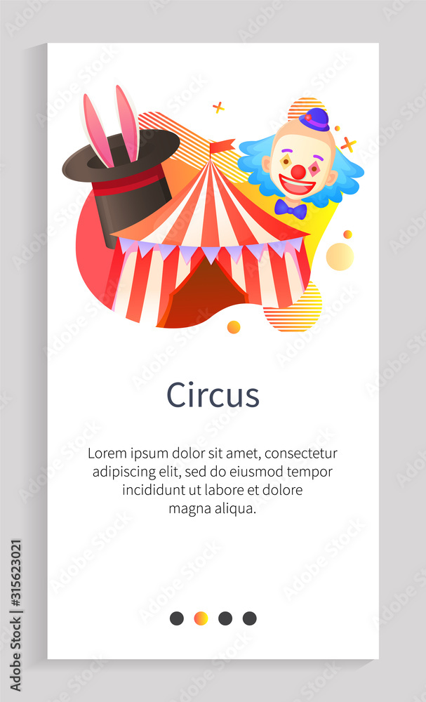 Circus entertainment vector, tent with entrance and clown with make up ...