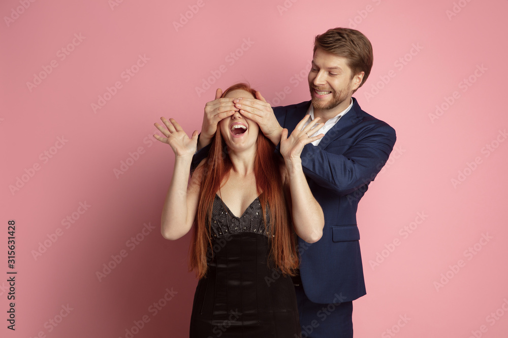Surprising moment. Valentine's day celebration, happy caucasian couple ...