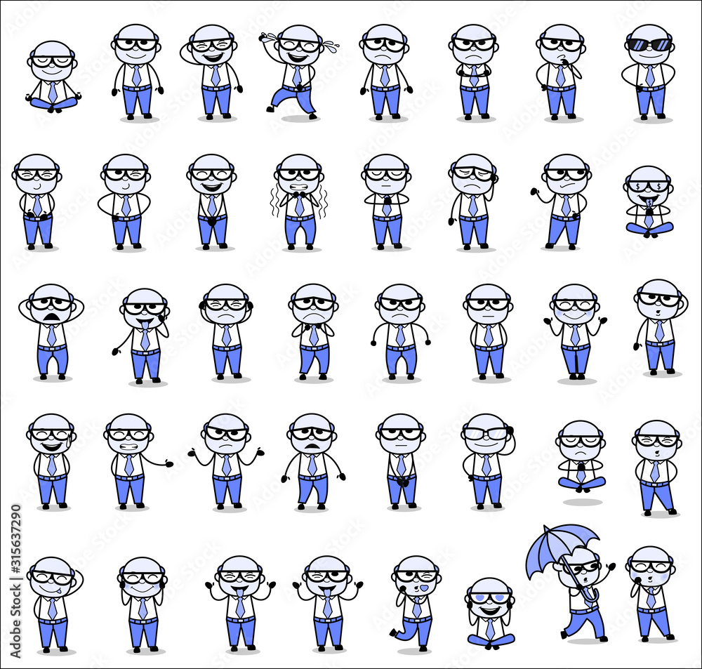 Various Comic Vintage Old Boss Poses - Set of Concepts Vector ...