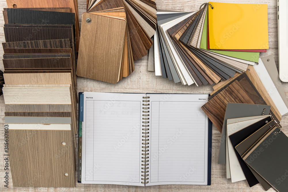 Sample of wood laminated chipboard with empty notepad for furniture ...