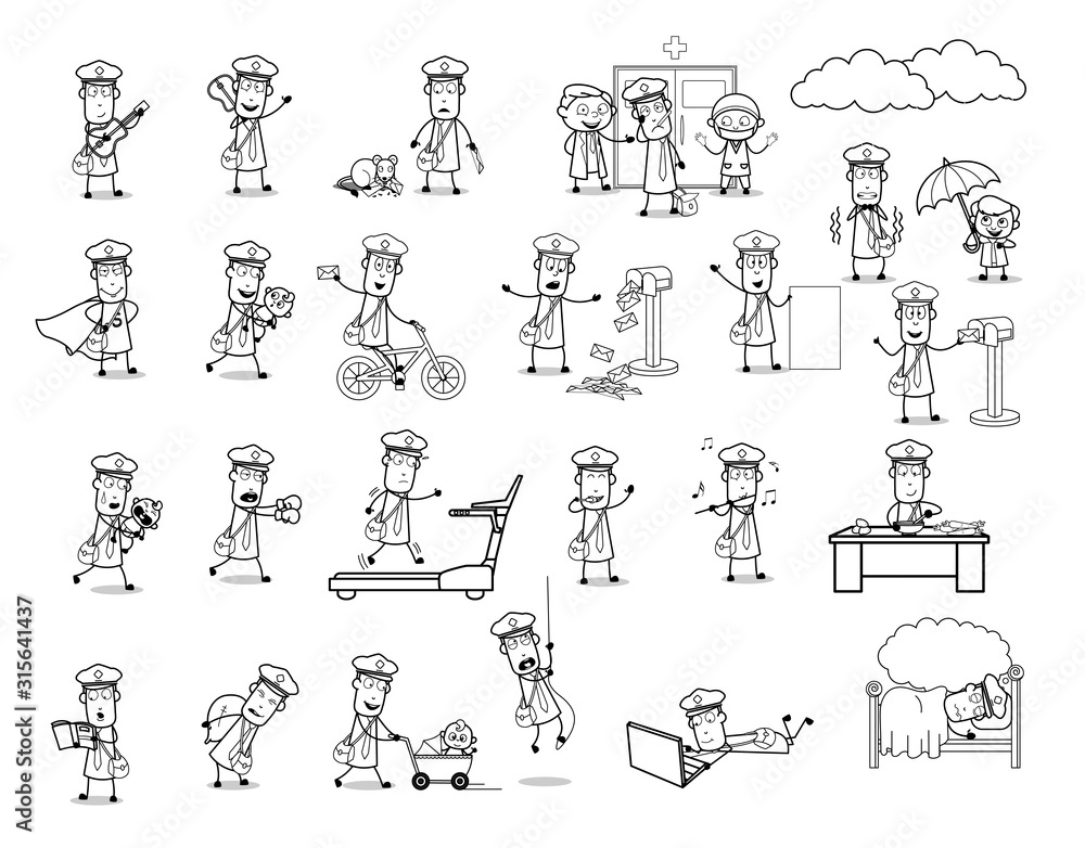 Various Comic Postman Drawing Art - Set of Concepts Vector ...