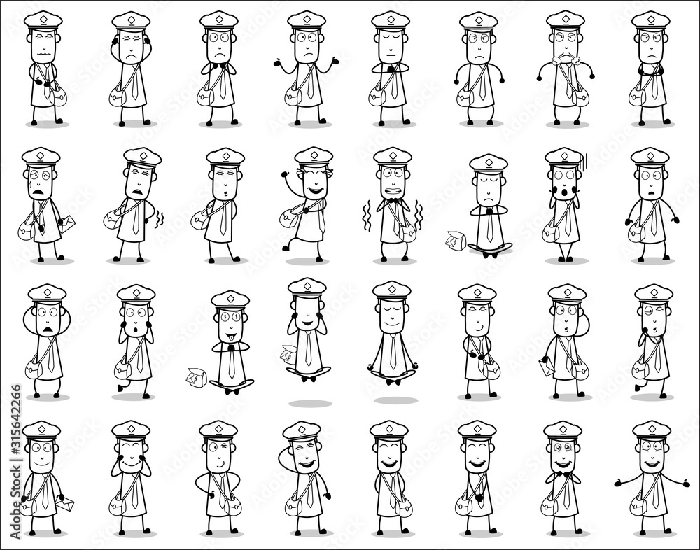 Drawing Art of Cartoon Postman Poses - Various Concepts Vector ...