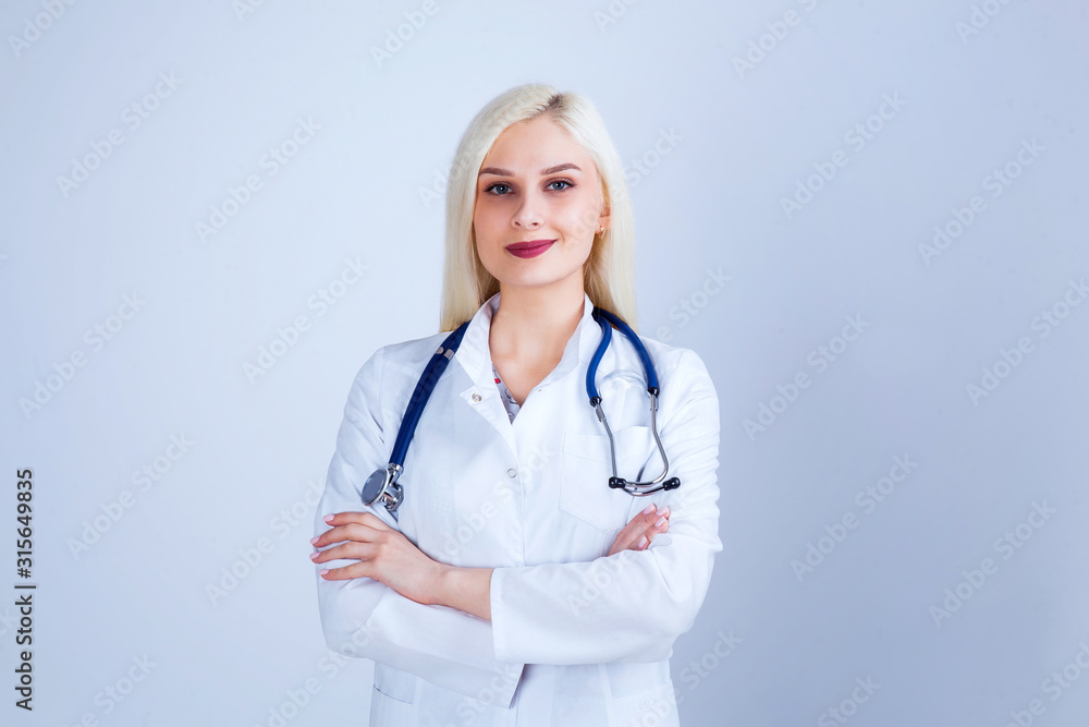 Medical concept of beautiful female doctor in white coat with ...