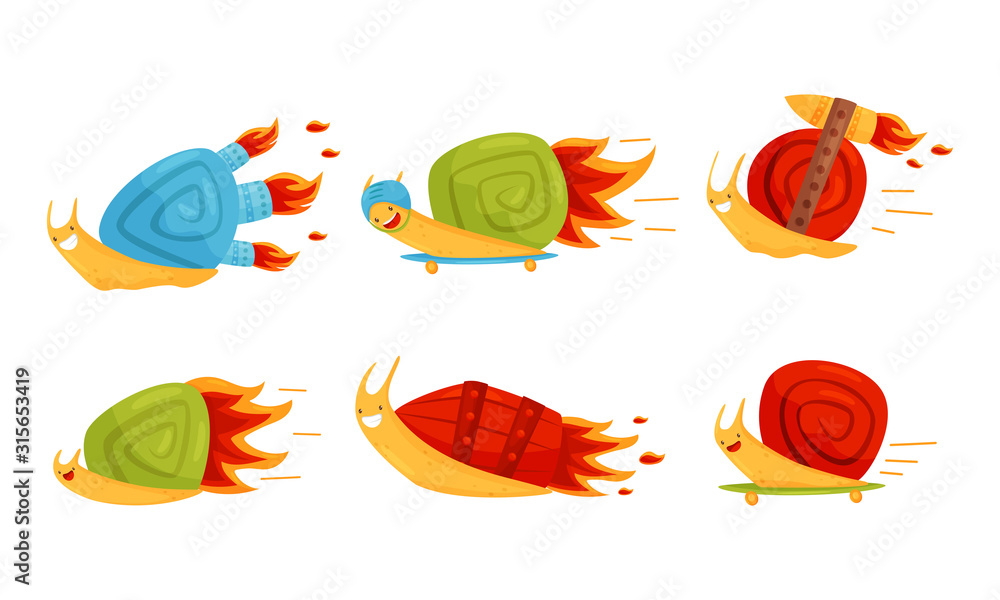 Fast Snails Vector Set. Funny Cartoon Mollusk Characters with Turbo ...