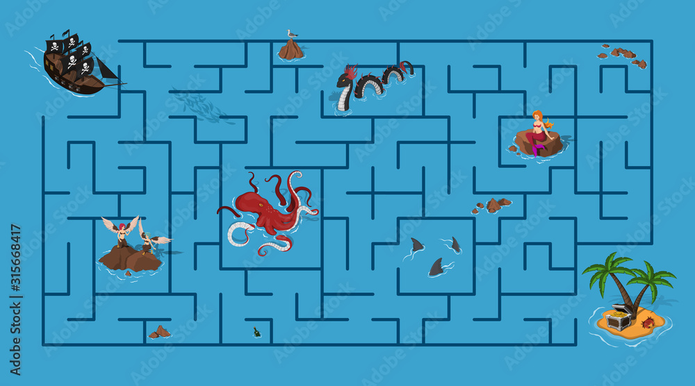 Kids maze. Pirate game with labyrinth. Help ship find way to island ...