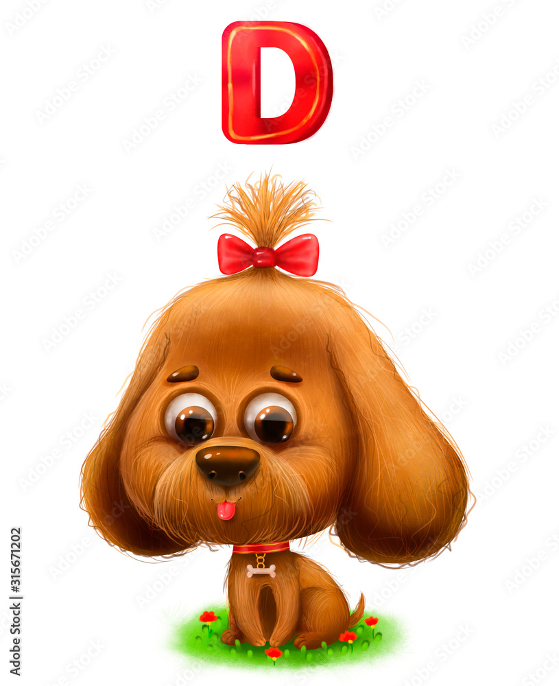 cartoon cute dog with a bow and letter of the alphabet Stock ...