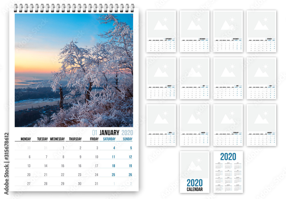 2020 Calendar Layout with Blue Accents Stock Template | Adobe Stock