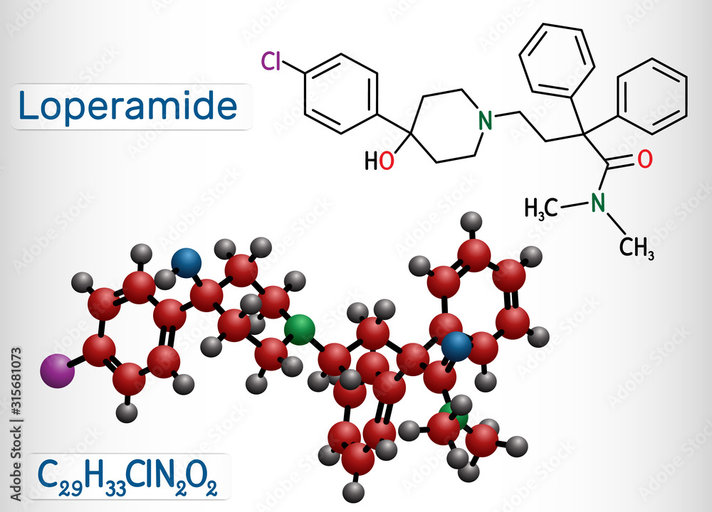 Loperamide, long-acting synthetic antidiarrheal molecule. Structural ...