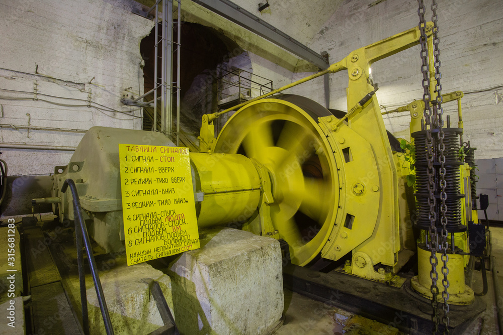 Underground gold mine shaft hauling engine winding machine Stock Photo ...