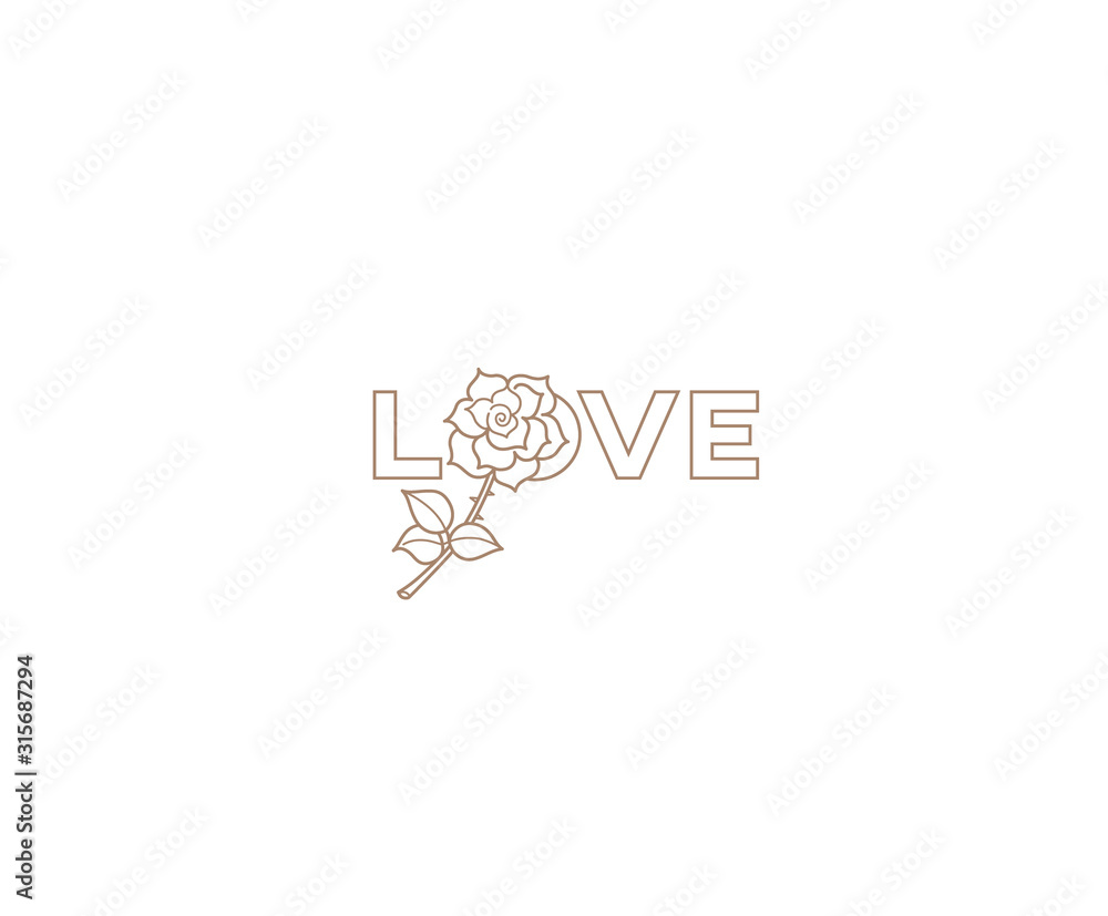 Vector illustration, Love text and blooming rose. Love logo. Icon Stock ...
