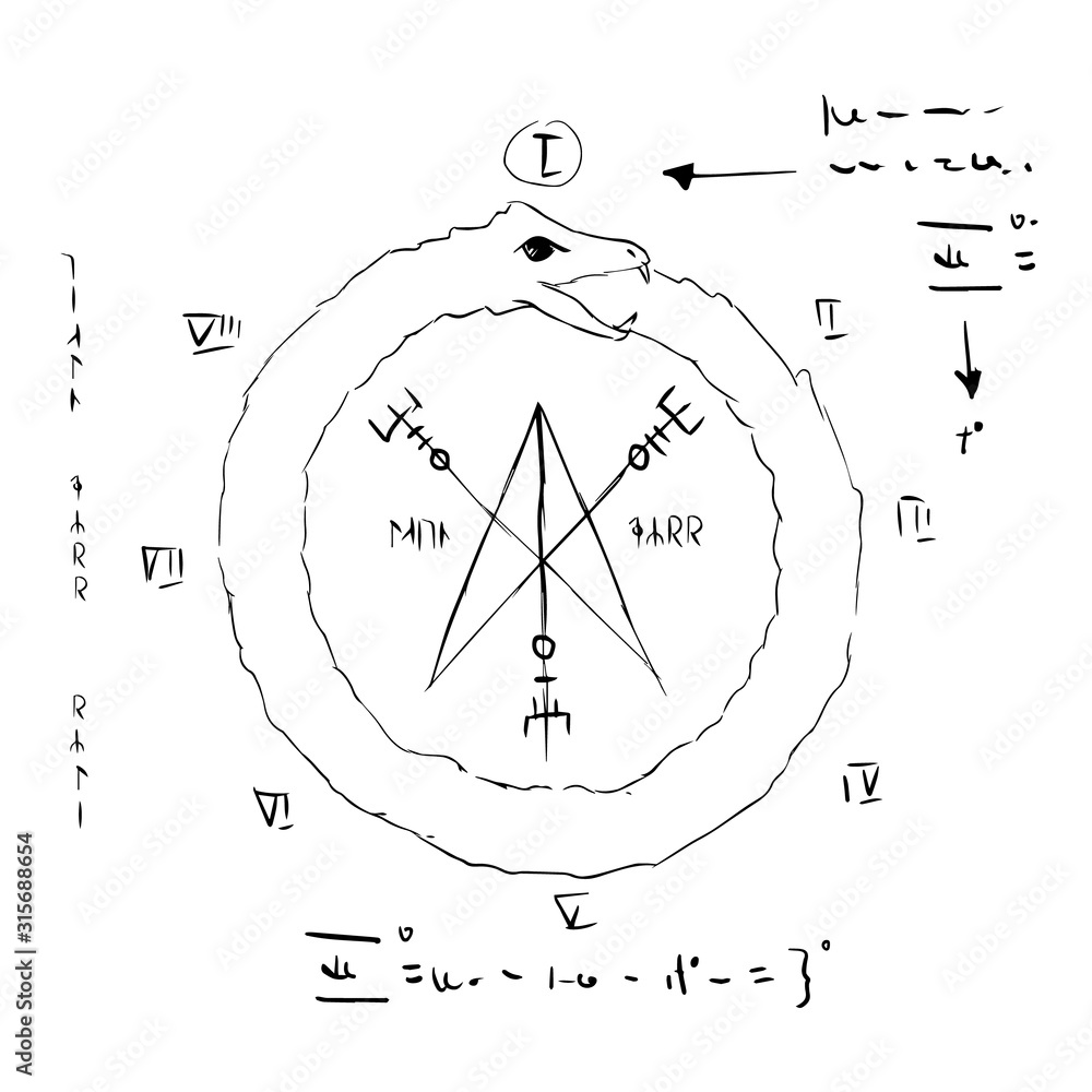 Occult symbols and signs are hand drawn. The snake is a sign of ...