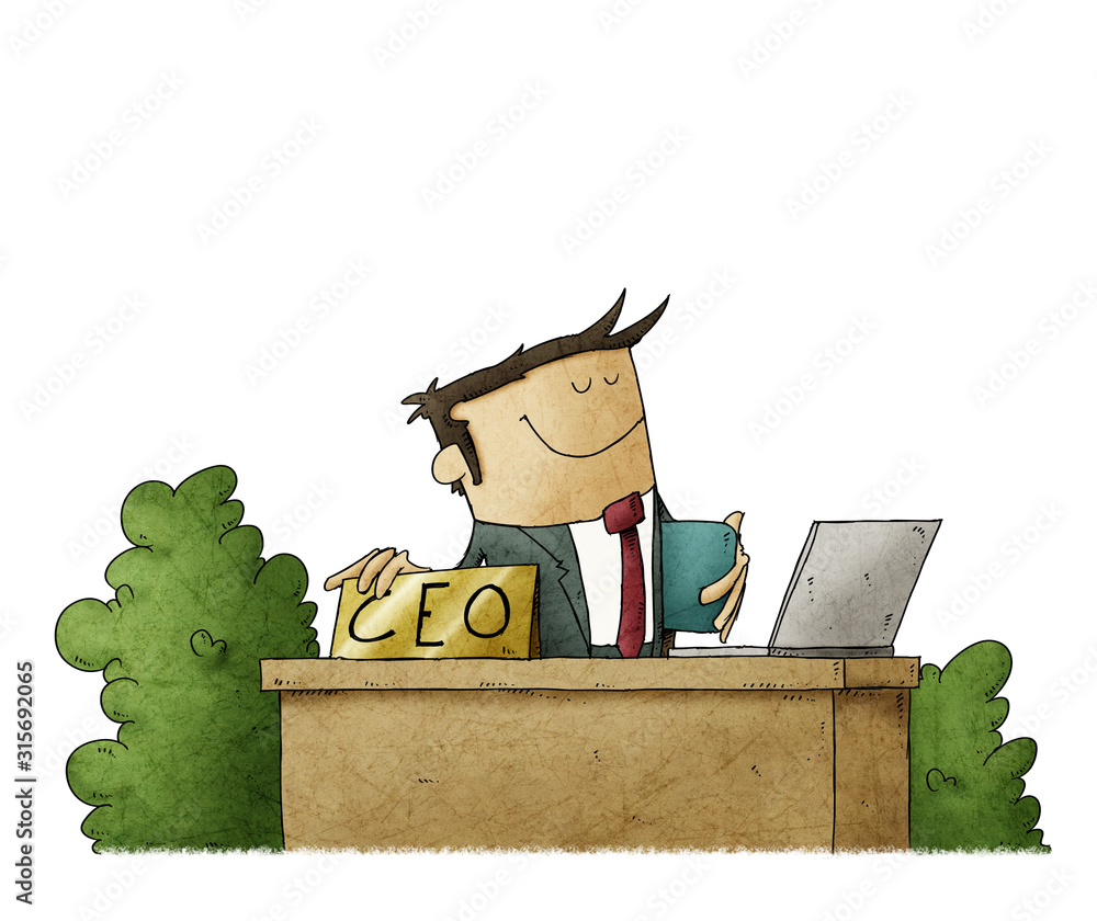 cartoon style illustration of a handsome CEO at his office desk ...