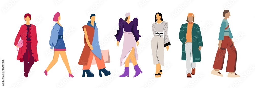 Set of cartoon fashion models clothes presentation vector flat ...