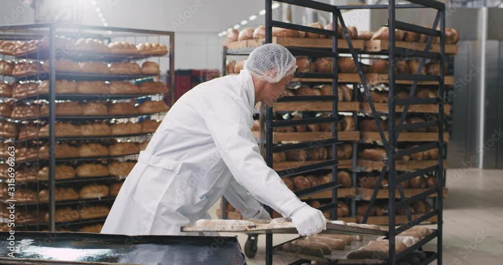 Old man baker take the tray of a raw bread and load to the shelf to ...