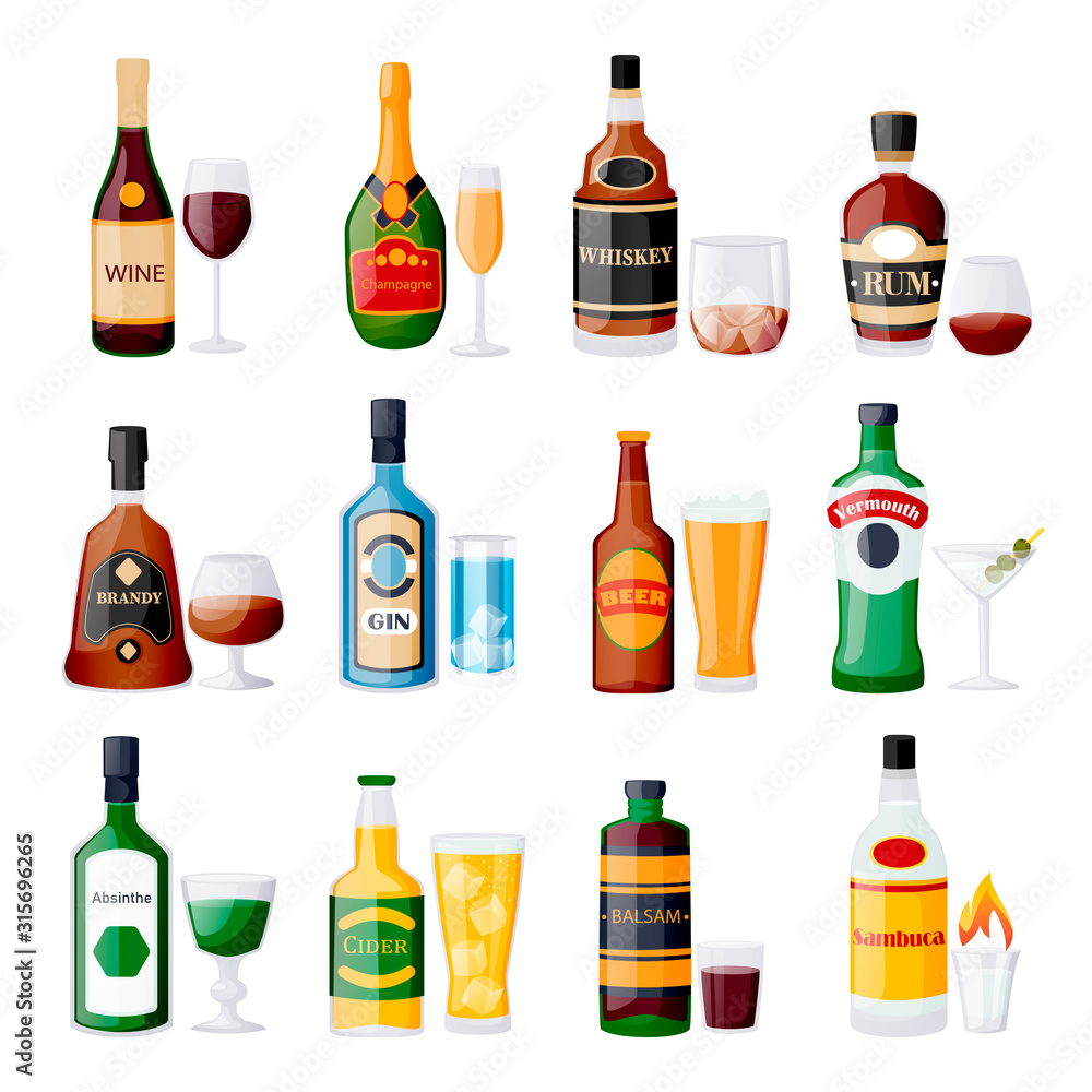 Alcohol drink bottles and glasses. Vector flat cartoon isolated ...