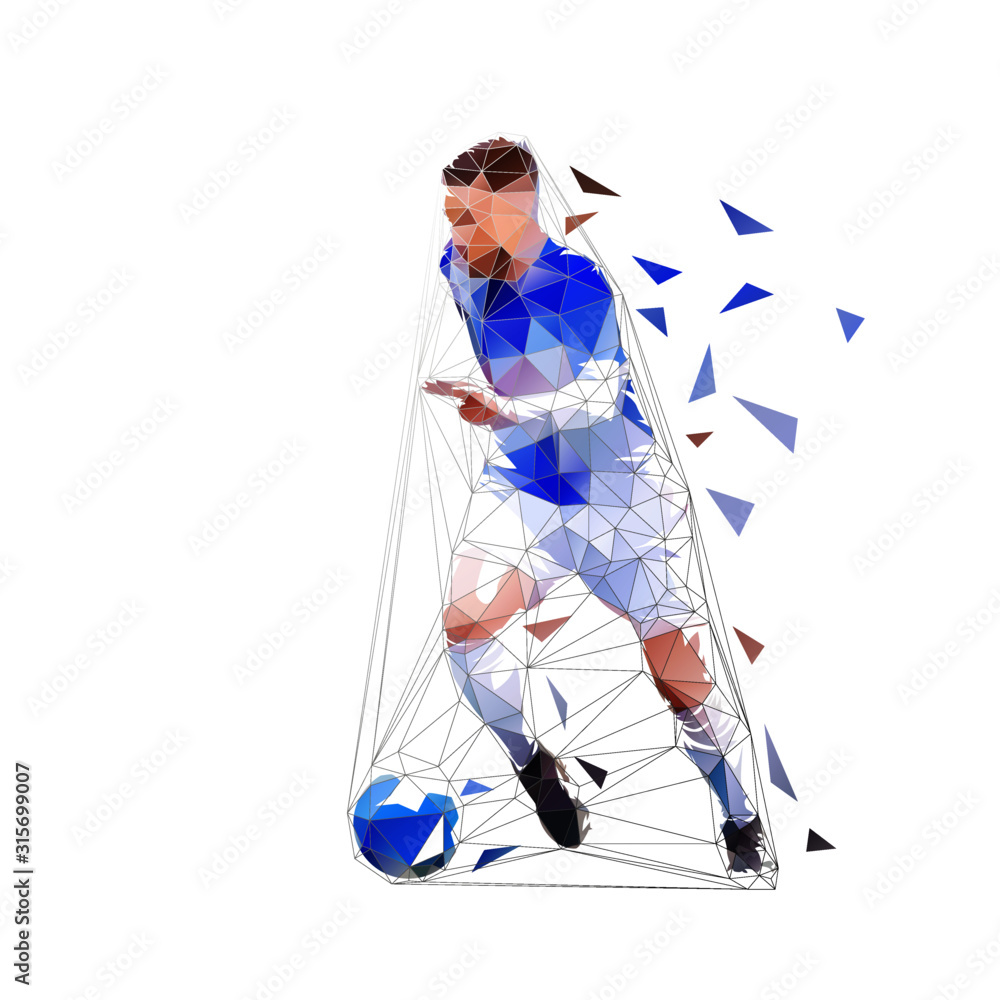 Soccer player running with ball, low poly isolated vector drawing ...